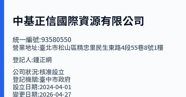 中基正信國際資源有限公司的照片-統編 93580550(臺北市) 公司登記資料與營業項目詳細圖表