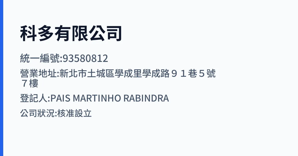 科多有限公司 - 統編 93580812(新北市) 公司登記資料與營業項目詳細圖表