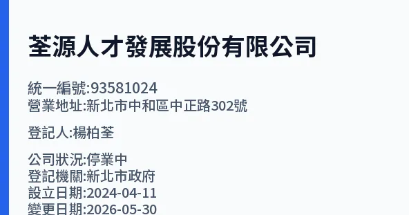 荃源人才發展股份有限公司的照片-統編 93581024(新北市) 公司登記資料與營業項目詳細圖表