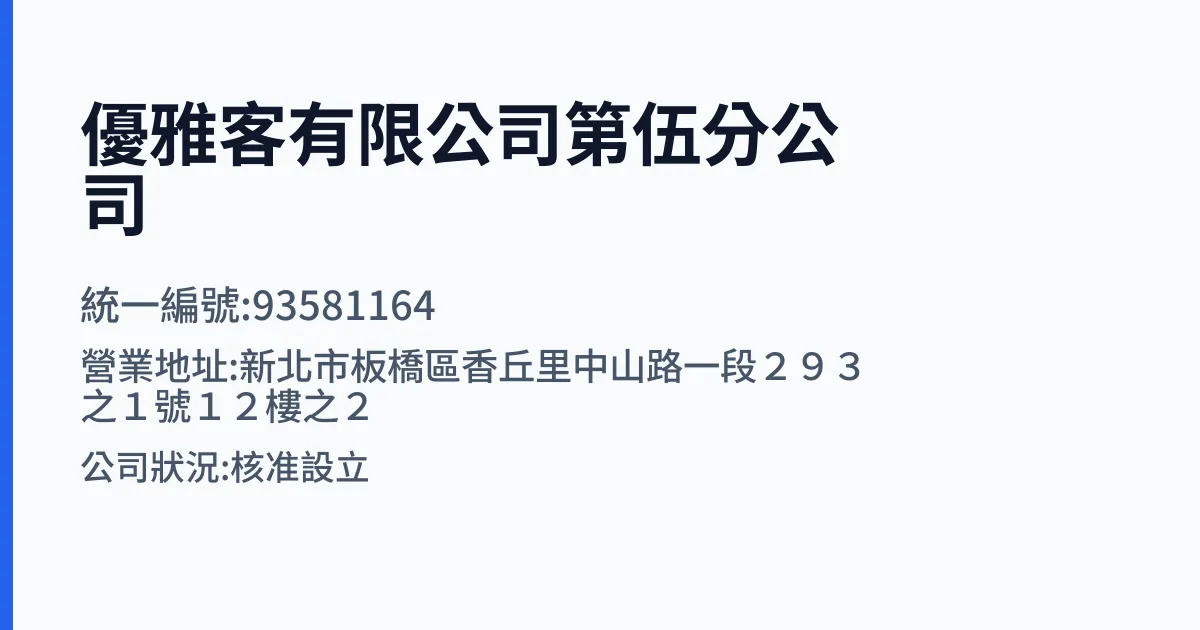 優雅客有限公司第伍分公司 - 統編 93581164(新北市) 公司登記資料與營業項目詳細圖表