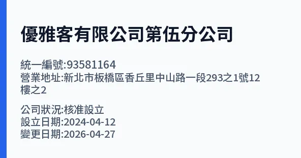 優雅客有限公司第伍分公司的照片-統編 93581164(新北市) 公司登記資料與營業項目詳細圖表