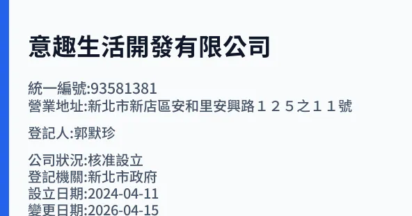 意趣生活開發有限公司的照片-統編 93581381(新北市) 公司登記資料與營業項目詳細圖表