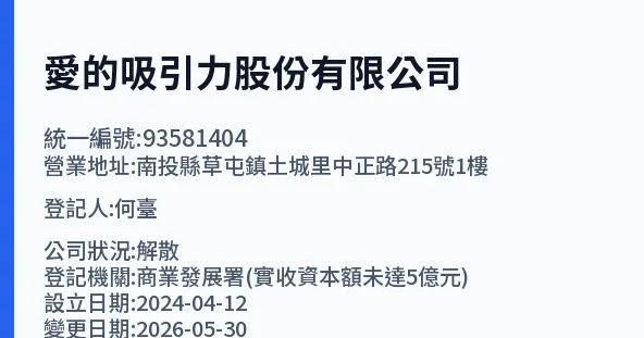 愛的吸引力股份有限公司的照片-統編 93581404(南投縣) 公司登記資料與營業項目詳細圖表