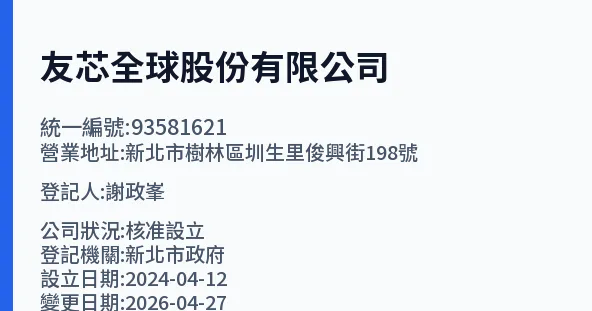 友芯全球股份有限公司的照片-統編 93581621(新北市) 公司登記資料與營業項目詳細圖表