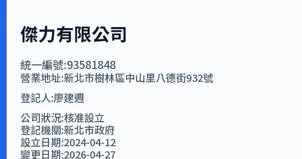 傑力有限公司的照片-統編 93581848(新北市) 公司登記資料與營業項目詳細圖表