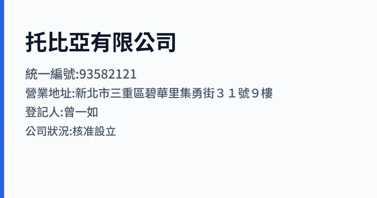 托比亞有限公司 - 統編 93582121(新北市) 公司登記資料與營業項目詳細圖表