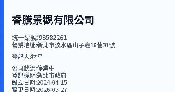 睿騰景觀有限公司的照片-統編 93582261(新北市) 公司登記資料與營業項目詳細圖表