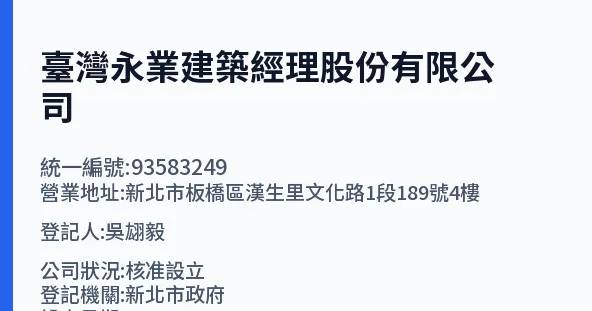 臺灣永業建築經理股份有限公司的照片-統編 93583249(新北市) 公司登記資料與營業項目詳細圖表