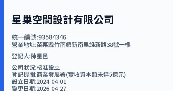 星巢空間設計有限公司的照片-統編 93584346(苗栗縣) 公司登記資料與營業項目詳細圖表