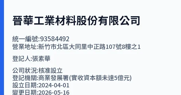 晉華工業材料股份有限公司的照片-統編 93584492(新竹市) 公司登記資料與營業項目詳細圖表