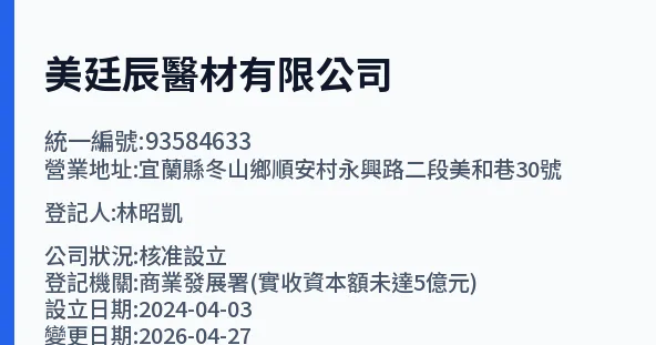 美廷辰醫材有限公司的照片-統編 93584633(宜蘭縣) 公司登記資料與營業項目詳細圖表