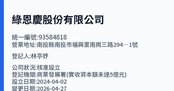 綠恩慶股份有限公司的照片-統編 93584818(南投縣) 公司登記資料與營業項目詳細圖表