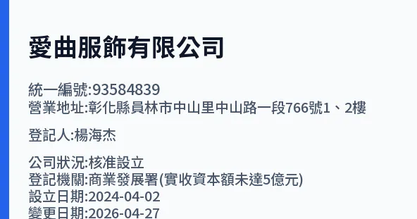 愛曲服飾有限公司的照片-統編 93584839(彰化縣) 公司登記資料與營業項目詳細圖表