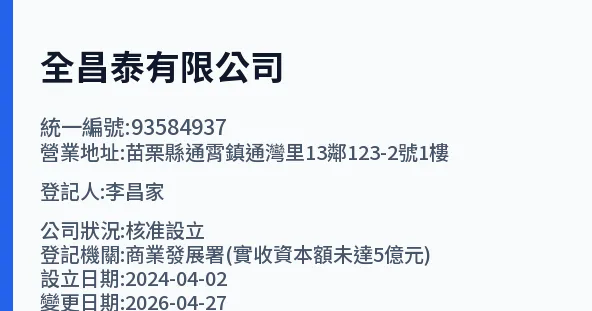 全昌泰有限公司的照片-統編 93584937(苗栗縣) 公司登記資料與營業項目詳細圖表