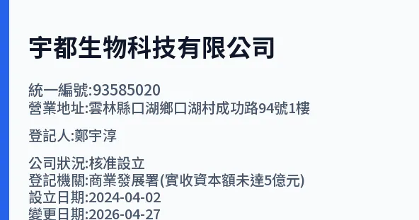 宇都生物科技有限公司的照片-統編 93585020(雲林縣) 公司登記資料與營業項目詳細圖表
