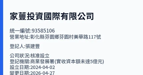家蘴投資國際有限公司的照片-統編 93585106(彰化縣) 公司登記資料與營業項目詳細圖表