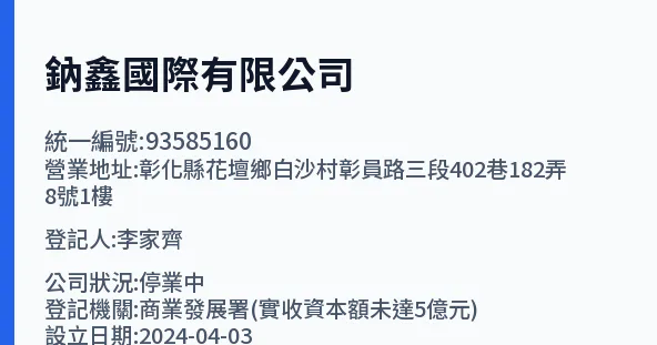 鈉鑫國際有限公司的照片-統編 93585160(彰化縣) 公司登記資料與營業項目詳細圖表