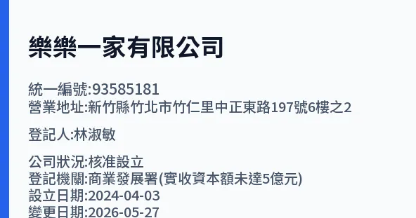 樂樂一家有限公司的照片-統編 93585181(新竹縣) 公司登記資料與營業項目詳細圖表