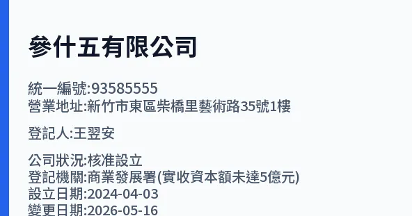 參什五有限公司的照片-統編 93585555(新竹市) 公司登記資料與營業項目詳細圖表