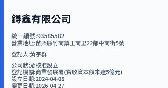 鍀鑫有限公司的照片-統編 93585582(苗栗縣) 公司登記資料與營業項目詳細圖表