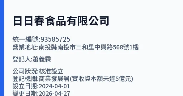 日日春食品有限公司的照片-統編 93585725(南投縣) 公司登記資料與營業項目詳細圖表