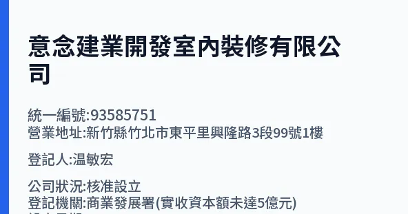 意念建業開發室內裝修有限公司的照片-統編 93585751(新竹縣) 公司登記資料與營業項目詳細圖表