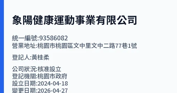 象陽健康運動事業有限公司的照片-統編 93586082(桃園市) 公司登記資料與營業項目詳細圖表