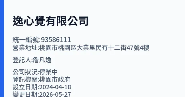 逸心覺有限公司的照片-統編 93586111(桃園市) 公司登記資料與營業項目詳細圖表