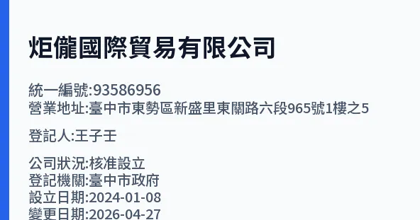 炬儱國際貿易有限公司的照片-統編 93586956(臺中市) 公司登記資料與營業項目詳細圖表