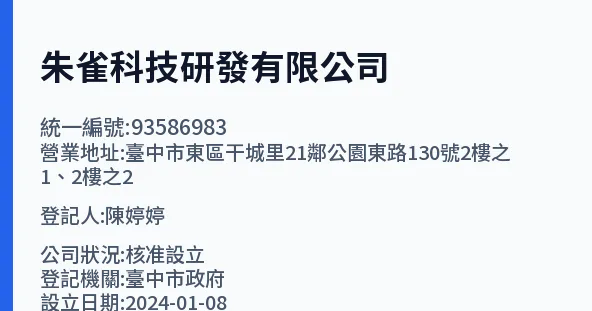 朱雀科技研發有限公司的照片-統編 93586983(臺中市) 公司登記資料與營業項目詳細圖表