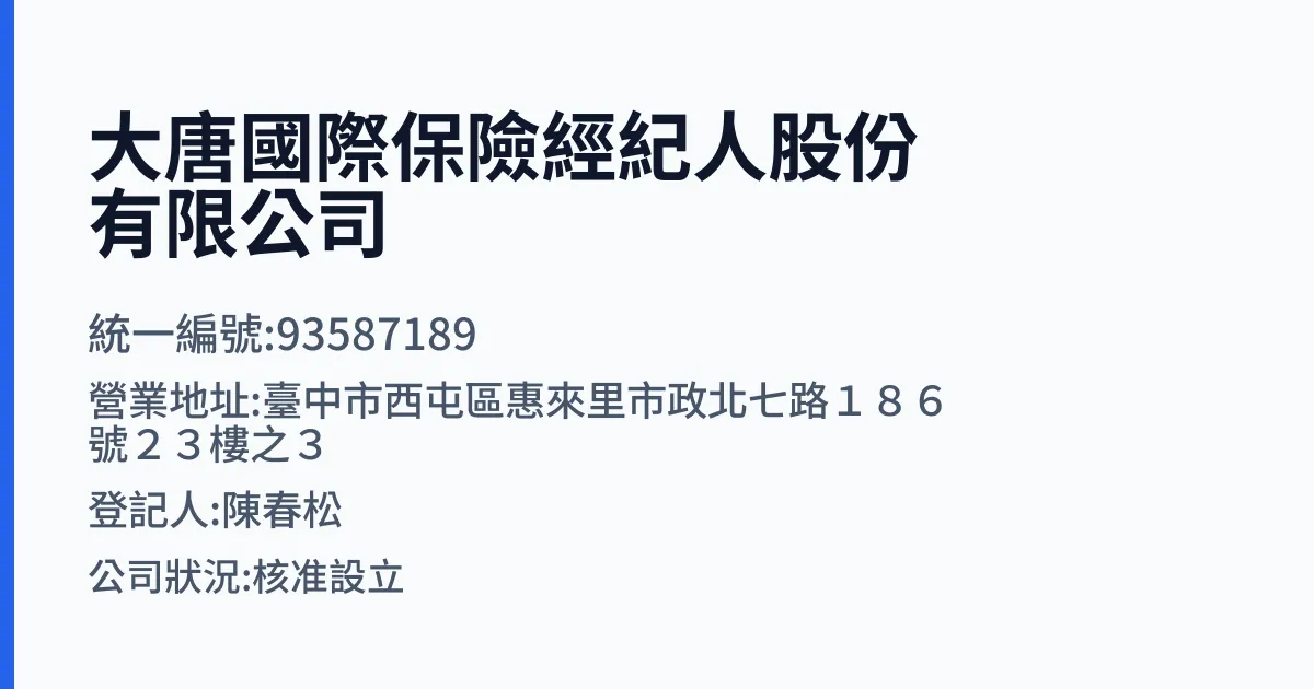 大唐國際保險經紀人股份有限公司 - 統編 93587189(臺中市) 公司登記資料與營業項目詳細圖表