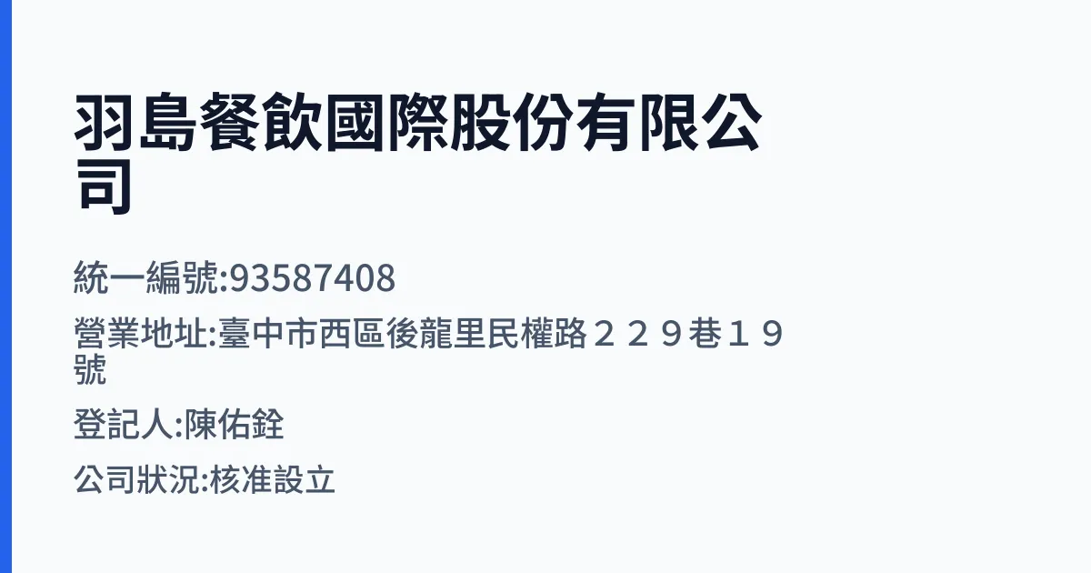 羽島餐飲國際股份有限公司 - 統編 93587408(臺中市) 公司登記資料與營業項目詳細圖表