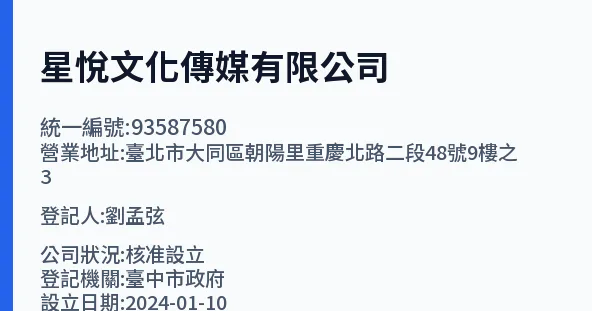 星悅文化傳媒有限公司的照片-統編 93587580(臺北市) 公司登記資料與營業項目詳細圖表