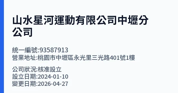 山水星河運動有限公司中壢分公司的照片-統編 93587913(桃園市) 公司登記資料與營業項目詳細圖表