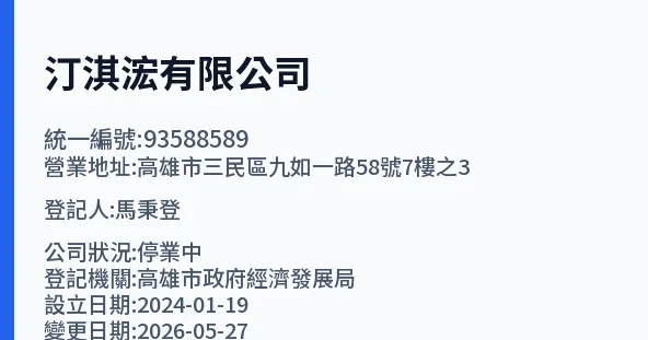 汀淇浤有限公司的照片-統編 93588589(高雄市) 公司登記資料與營業項目詳細圖表