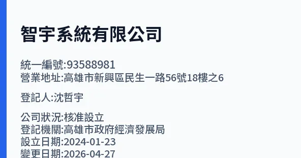 智宇系統有限公司的照片-統編 93588981(高雄市) 公司登記資料與營業項目詳細圖表