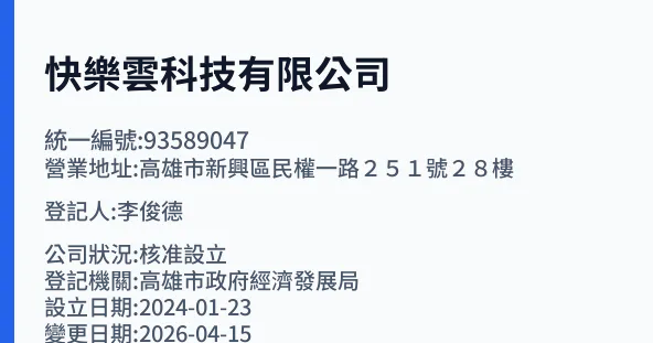 快樂雲科技有限公司的照片-統編 93589047(高雄市) 公司登記資料與營業項目詳細圖表