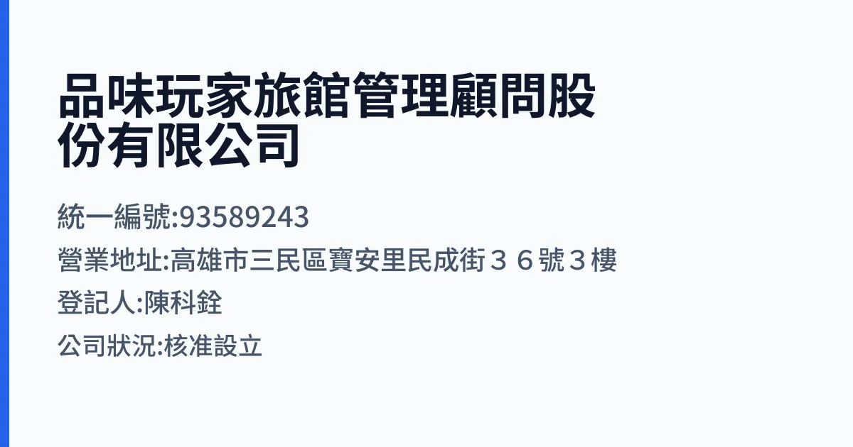 品味玩家旅館管理顧問股份有限公司 - 統編 93589243(高雄市) 公司登記資料與營業項目詳細圖表
