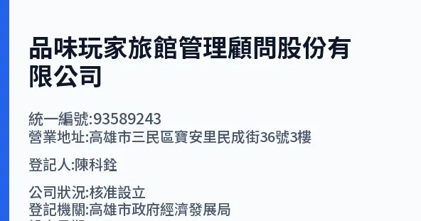 品味玩家旅館管理顧問股份有限公司的照片-統編 93589243(高雄市) 公司登記資料與營業項目詳細圖表