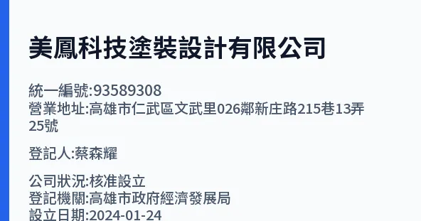 美鳳科技塗裝設計有限公司的照片-統編 93589308(高雄市) 公司登記資料與營業項目詳細圖表