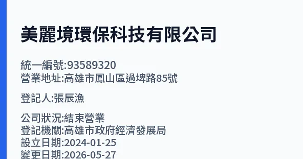 美麗境環保科技有限公司的照片-統編 93589320(高雄市) 公司登記資料與營業項目詳細圖表