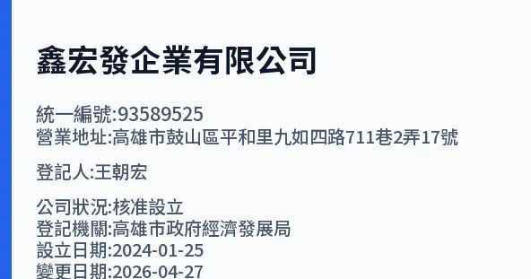 鑫宏發企業有限公司的照片-統編 93589525(高雄市) 公司登記資料與營業項目詳細圖表