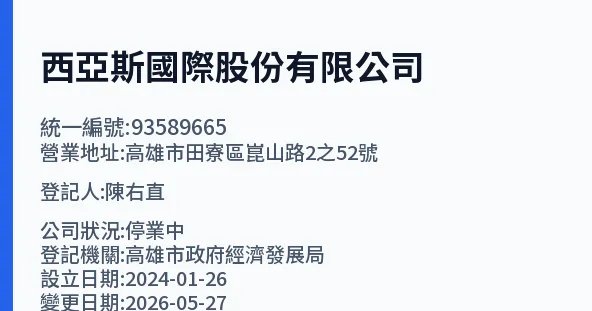 西亞斯國際股份有限公司的照片-統編 93589665(高雄市) 公司登記資料與營業項目詳細圖表