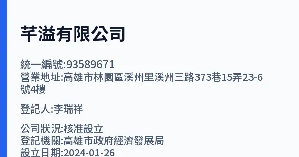 芊溢有限公司的照片-統編 93589671(高雄市) 公司登記資料與營業項目詳細圖表