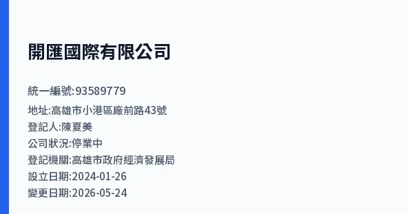 開匯國際有限公司的照片-統編 93589779(高雄市) 公司登記資料與營業項目詳細圖表