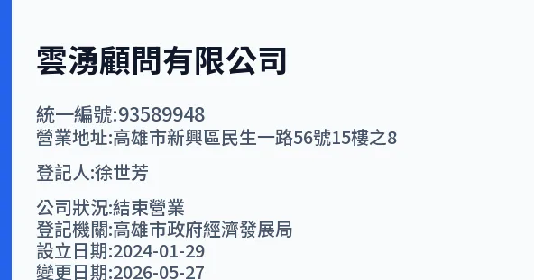 雲湧顧問有限公司的照片-統編 93589948(高雄市) 公司登記資料與營業項目詳細圖表