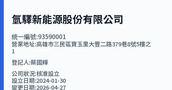 氫驛新能源股份有限公司的照片-統編 93590001(高雄市) 公司登記資料與營業項目詳細圖表