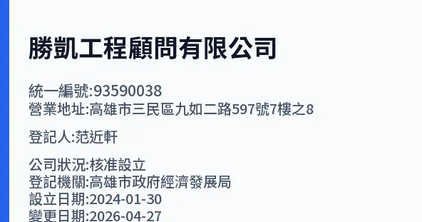 勝凱工程顧問有限公司的照片-統編 93590038(高雄市) 公司登記資料與營業項目詳細圖表