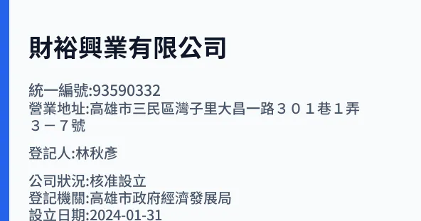 財裕興業有限公司的照片-統編 93590332(高雄市) 公司登記資料與營業項目詳細圖表