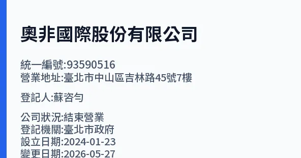 奧非國際股份有限公司的照片-統編 93590516(臺北市) 公司登記資料與營業項目詳細圖表